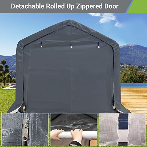 AsterOutdoor 10x10 ft Outdoor Storage Shelter with Rollup Zipper Door Portable Garage Kit Tent Waterproof and UV Resistant Carport Shed for Motorcycle Gardening Vehicle ATV and Car, Dark Gray