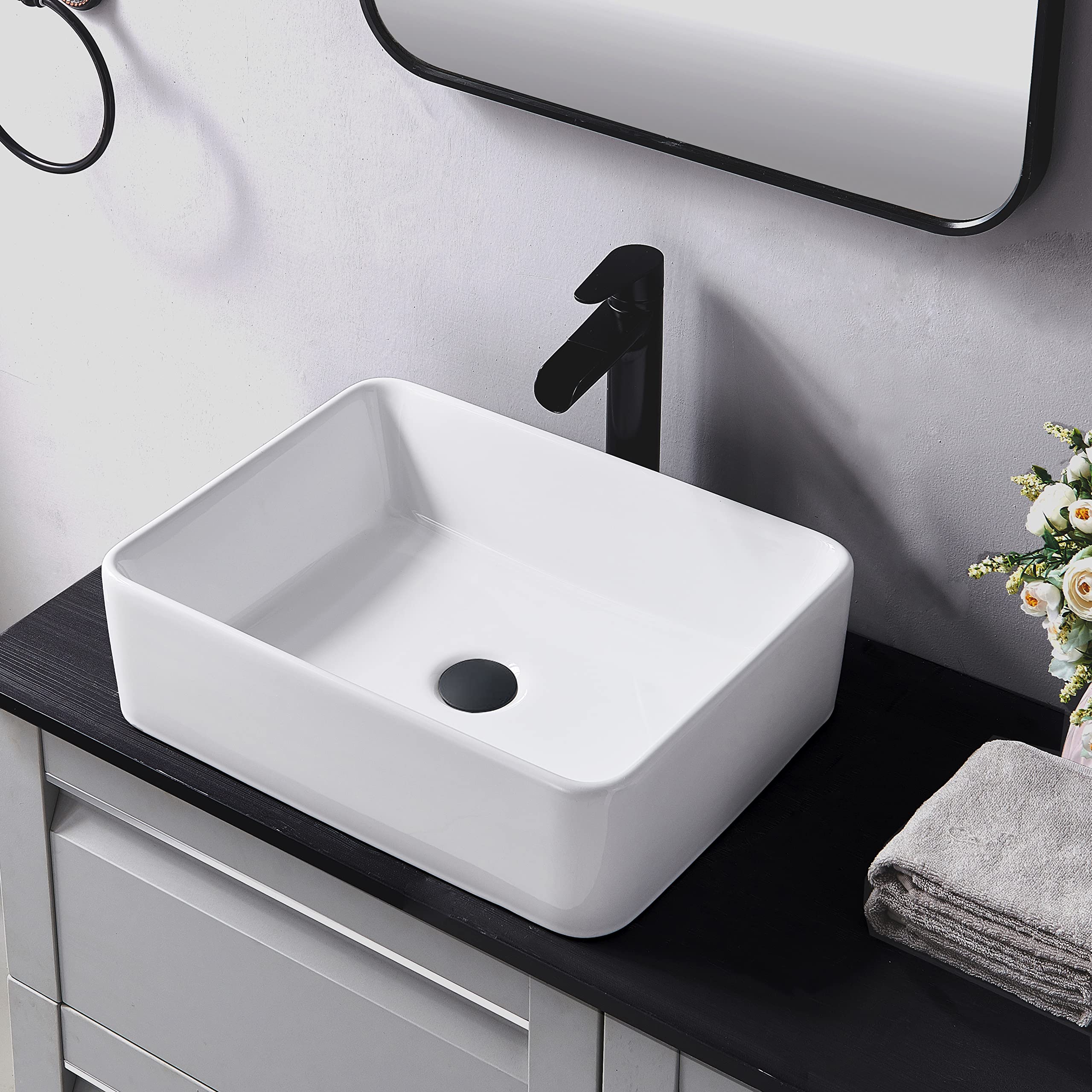 HOTIS HOME Rectangular Vessel Sink, 16"X12" White Bathroom Sink, Ceramic Vessel Sinks For Bathrooms, Rectangle Farmhouse Small Above Countertop Bathroom Vessel Sink