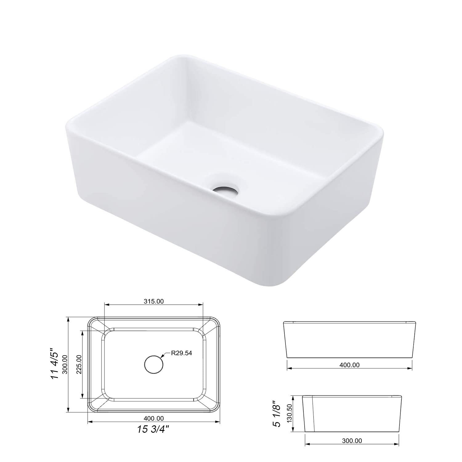 HOTIS HOME Rectangular Vessel Sink, 16"X12" White Bathroom Sink, Ceramic Vessel Sinks For Bathrooms, Rectangle Farmhouse Small Above Countertop Bathroom Vessel Sink