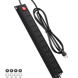 12 Outlet Metal Power Strip, 19inch Rack Mount Heavy Duty Power Strip for Network Cabinet Garage Workbench, 6ft SJT 16AWG Power Cord, Black