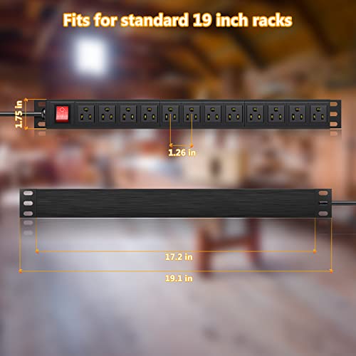 12 Outlet Metal Power Strip, 19inch Rack Mount Heavy Duty Power Strip for Network Cabinet Garage Workbench, 6ft SJT 16AWG Power Cord, Black