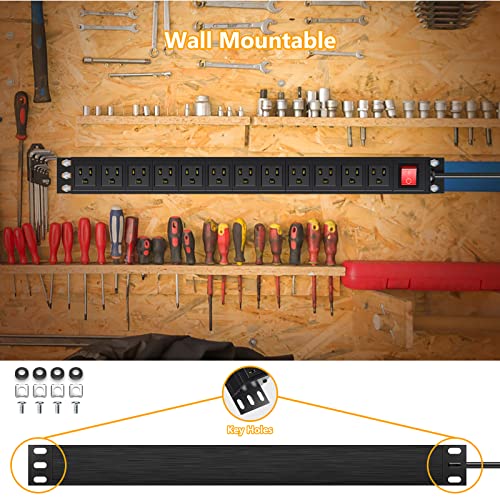 12 Outlet Metal Power Strip, 19inch Rack Mount Heavy Duty Power Strip for Network Cabinet Garage Workbench, 6ft SJT 16AWG Power Cord, Black