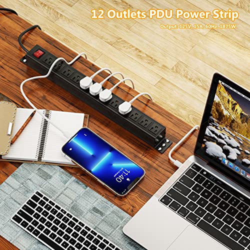 12 Outlet Metal Power Strip, 19inch Rack Mount Heavy Duty Power Strip for Network Cabinet Garage Workbench, 6ft SJT 16AWG Power Cord, Black