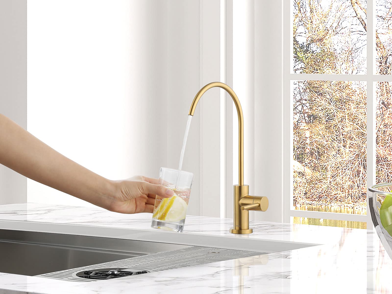 AguaStella AS59BG Brushed Gold Pull Down Bar Faucet and AS09BG Brushed Gold Stainless Steel Water Filter Faucet for Most Reverse Osmosis Units or Water Filtration System in Non-Air Gap Combination