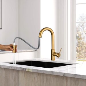 AguaStella AS59BG Brushed Gold Pull Down Bar Faucet and AS09BG Brushed Gold Stainless Steel Water Filter Faucet for Most Reverse Osmosis Units or Water Filtration System in Non-Air Gap Combination