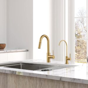 AguaStella AS59BG Brushed Gold Pull Down Bar Faucet and AS09BG Brushed Gold Stainless Steel Water Filter Faucet for Most Reverse Osmosis Units or Water Filtration System in Non-Air Gap Combination