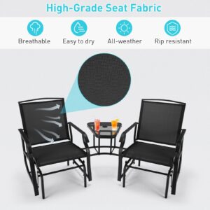 Giantex Outdoor Glider Chairs with Table & Umbrella Hole, Patio 2-Seat Rocking Chair Outside Loveseat Swing w/Breathable Fabric for Garden, Backyard, Poolside, Lawn Metal Glider Bench(Dark)