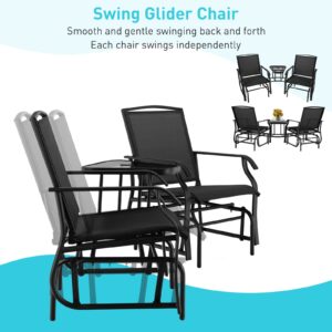 Giantex Outdoor Glider Chairs with Table & Umbrella Hole, Patio 2-Seat Rocking Chair Outside Loveseat Swing w/Breathable Fabric for Garden, Backyard, Poolside, Lawn Metal Glider Bench(Dark)