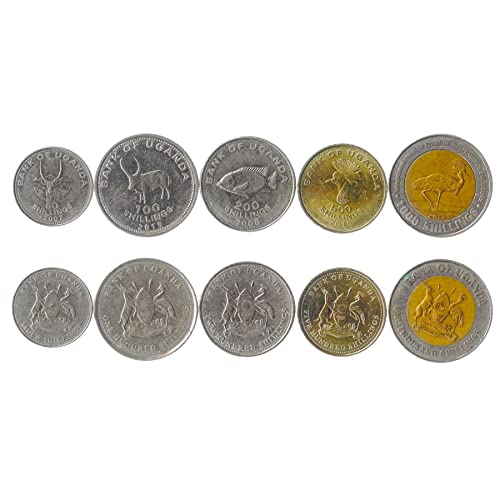 5 Coins from Uganda | Ugandan Coin Set Collection 1000 500 200 100 50 Shillings | Circulated 1998-2019 | Sanga Cattle | Cichlid | Grey Crowned Crane