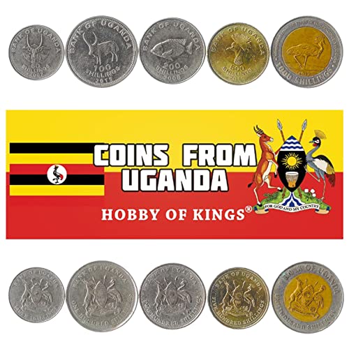 5 Coins from Uganda | Ugandan Coin Set Collection 1000 500 200 100 50 Shillings | Circulated 1998-2019 | Sanga Cattle | Cichlid | Grey Crowned Crane