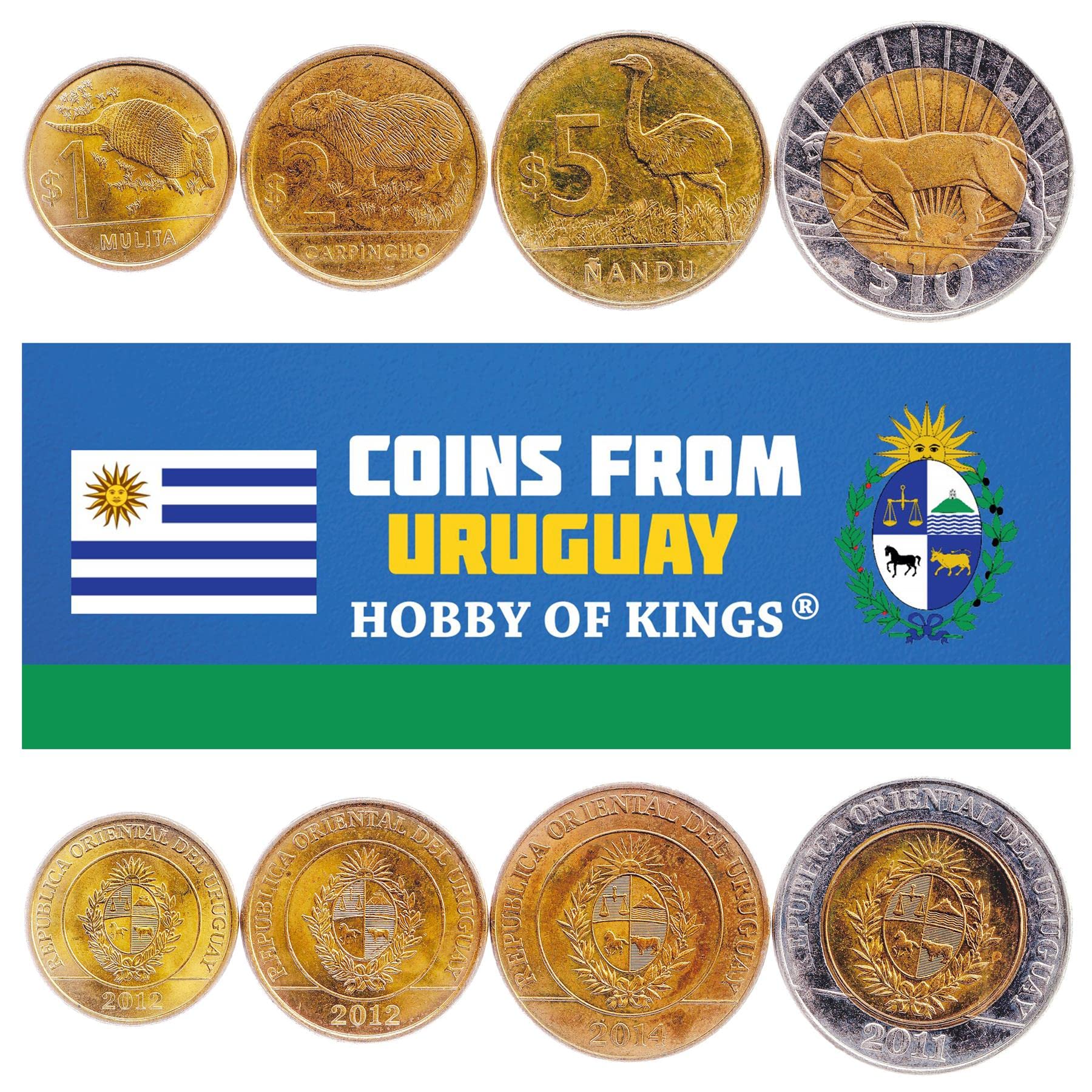 4 Coins from Uruguay | Uruguayan Coin Set Collection 1 2 5 10 Pesos | Circulated 2011-2019 | Greater Rhea | Armadillo | Capybara | Cougar