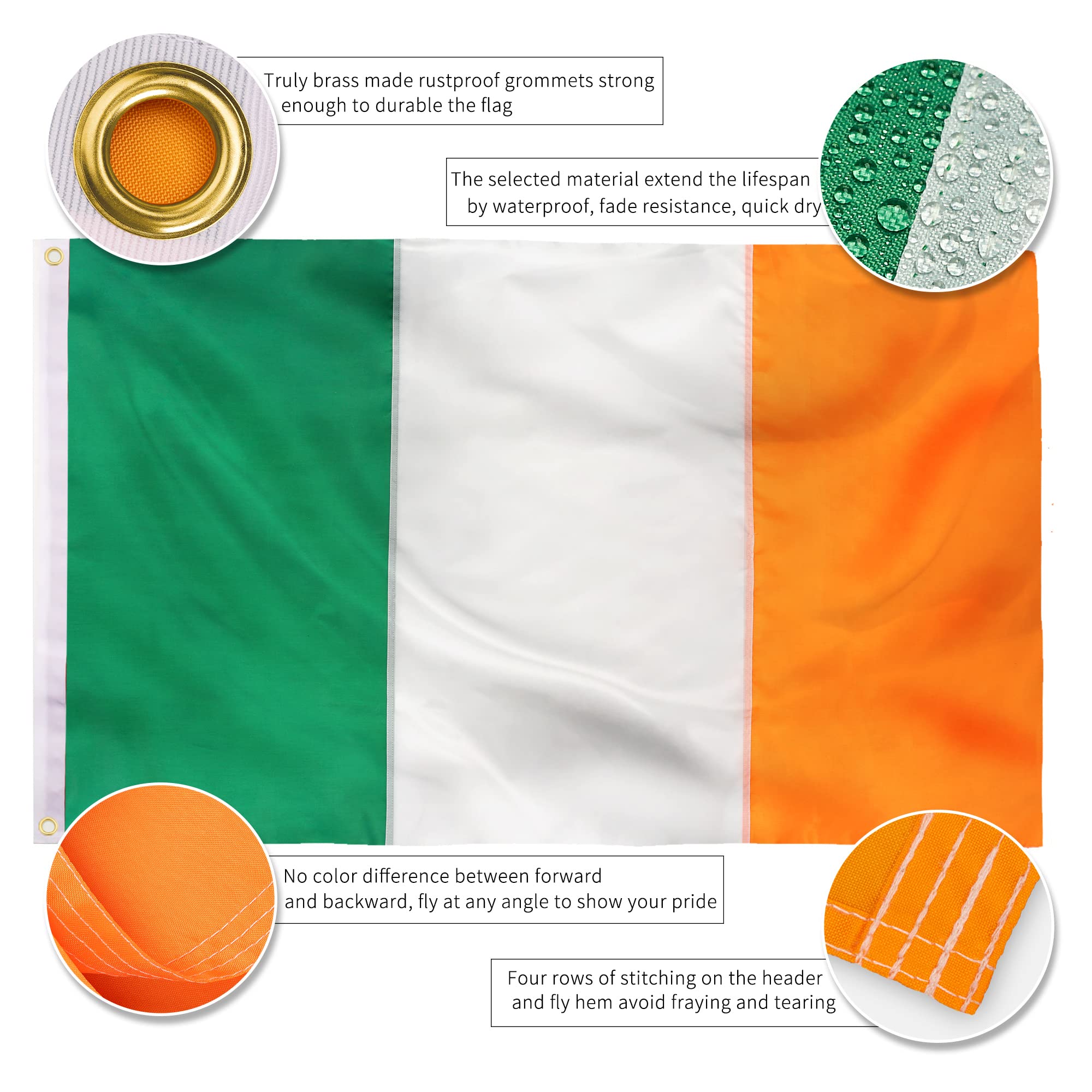 XIFAN Premium Nylon Ireland Irish Flag 3x5 Outdoor, Double Sided Heavy Duty 210D Nylon Irish National Country Flags, Strongest Longest Lasting with Sewn Stripes/4 Stitch Hemming/Brass Grommets