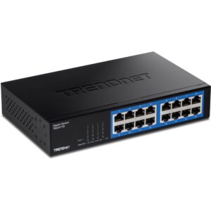 trendnet 16-port gigabit desktop switch, teg-s17d, 16 x gigabit rj-45 ports, 32gbps switching capacity, fanless design, metal enclosure, internal power supply, lifetime protection, black