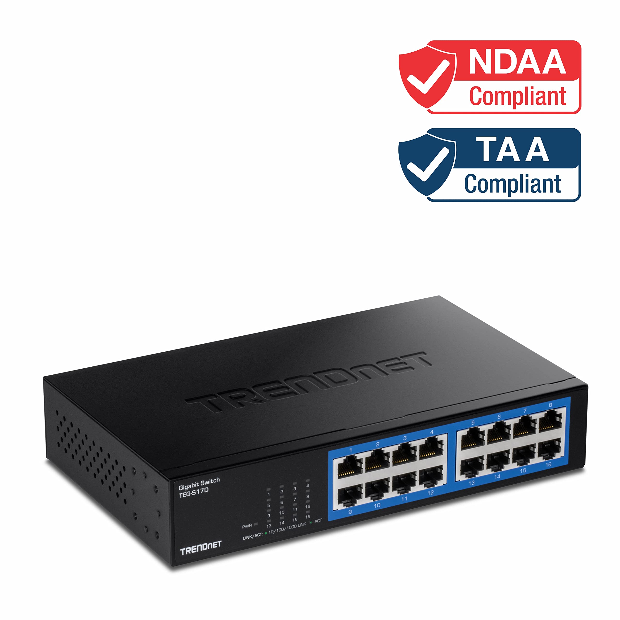 TRENDnet 16-Port Gigabit Desktop Switch, TEG-S17D, 16 x Gigabit RJ-45 Ports, 32Gbps Switching Capacity, Fanless Design, Metal Enclosure, Internal Power Supply, Lifetime Protection, Black