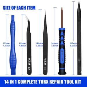 HengTianMei 14 in 1 S2 Steel Torx Screwdriver Set with T1 T2 T3 T4 T5 T6 T7 T8 T9 T10 Security Torx Bit & ESD Tweezers, Magnetic Screwdrivers Precision Repair Kit for Xbox, PS4, Macbook, Computer