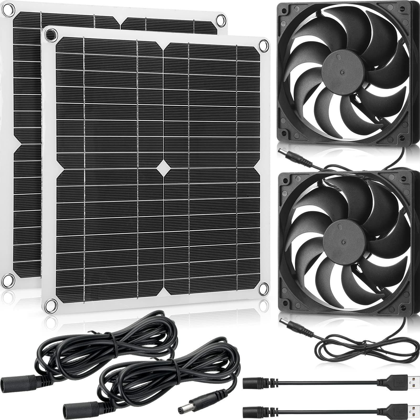 Solar Panel Powered Fan 12W 16V Solar Exhaust Fan Waterproof Greenhouse Fan USB Solar Portable Gable Fan Mini Household Solar Fan Ventilation for Chicken Dog Pets Houses Camping Outdoor (2 Sets)