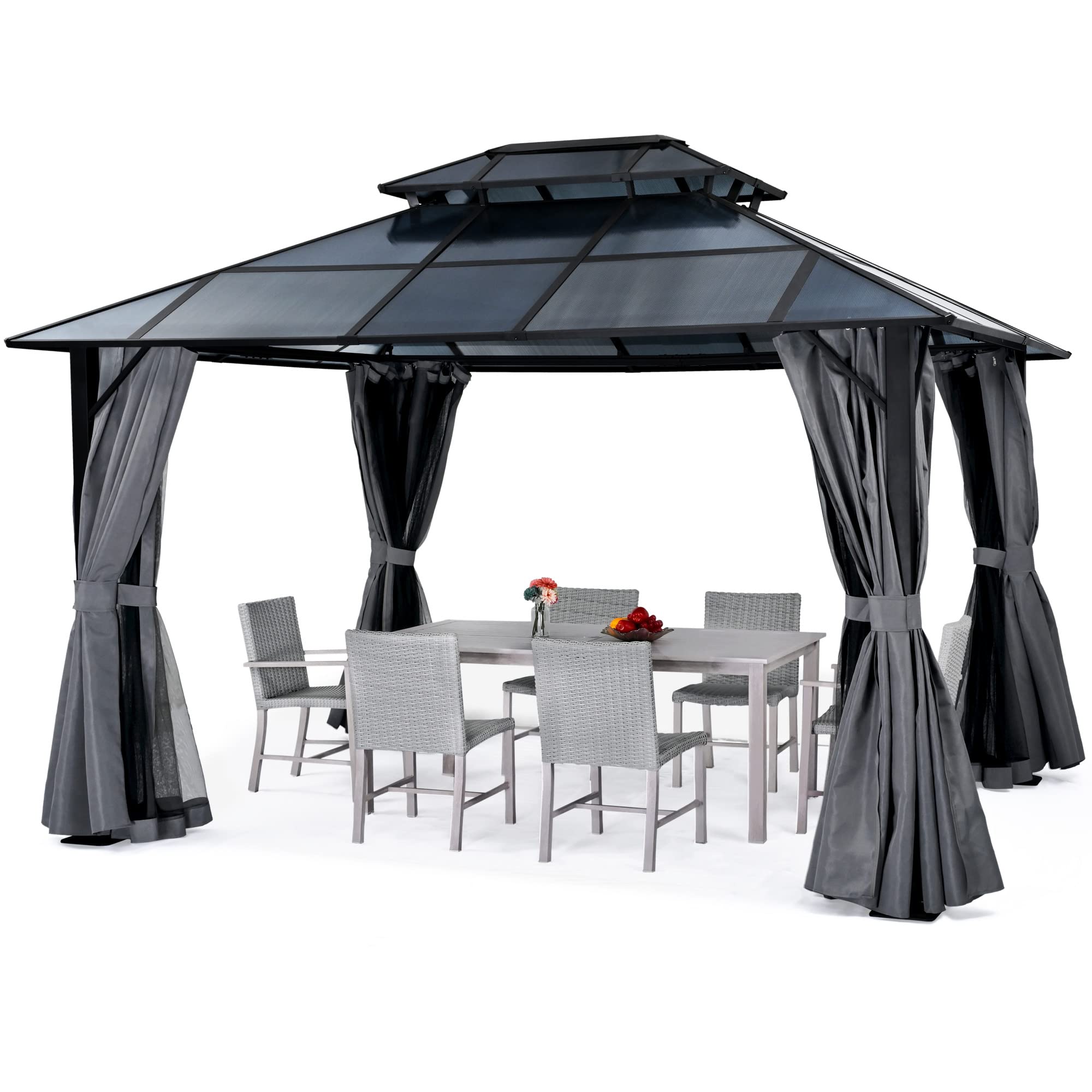 HAPPATIO 10'x 12' Hardtop Gazebo, Outdoor Polycarbonate Double Roof Aluminum Furniture Gazebo Canopy with Netting and Curtains for Backyard, Deck, Patio (Dark Gray)