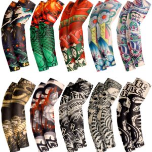 Boao 10 Pairs Men's Cooling Arm Sleeves Long Fingerless Arm Cover Anti Slip UV Protection Sun Sports Temporary Tattoo Arm Sleeves (Delicate Pattern)