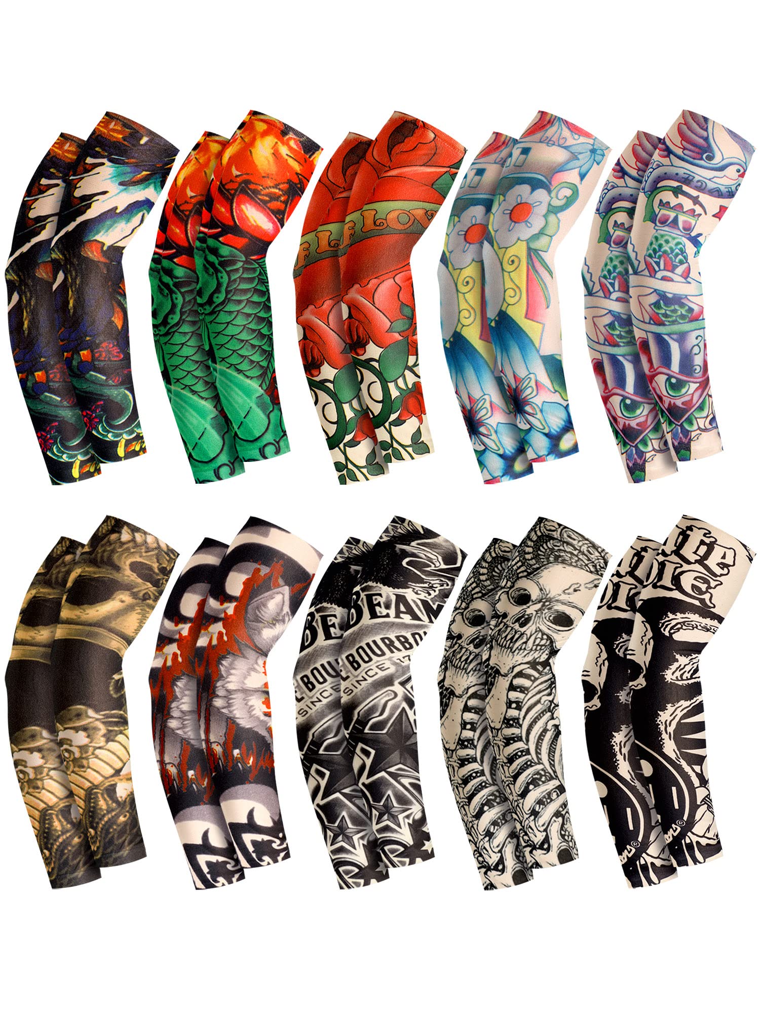 Boao 10 Pairs Men's Cooling Arm Sleeves Long Fingerless Arm Cover Anti Slip UV Protection Sun Sports Temporary Tattoo Arm Sleeves (Delicate Pattern)