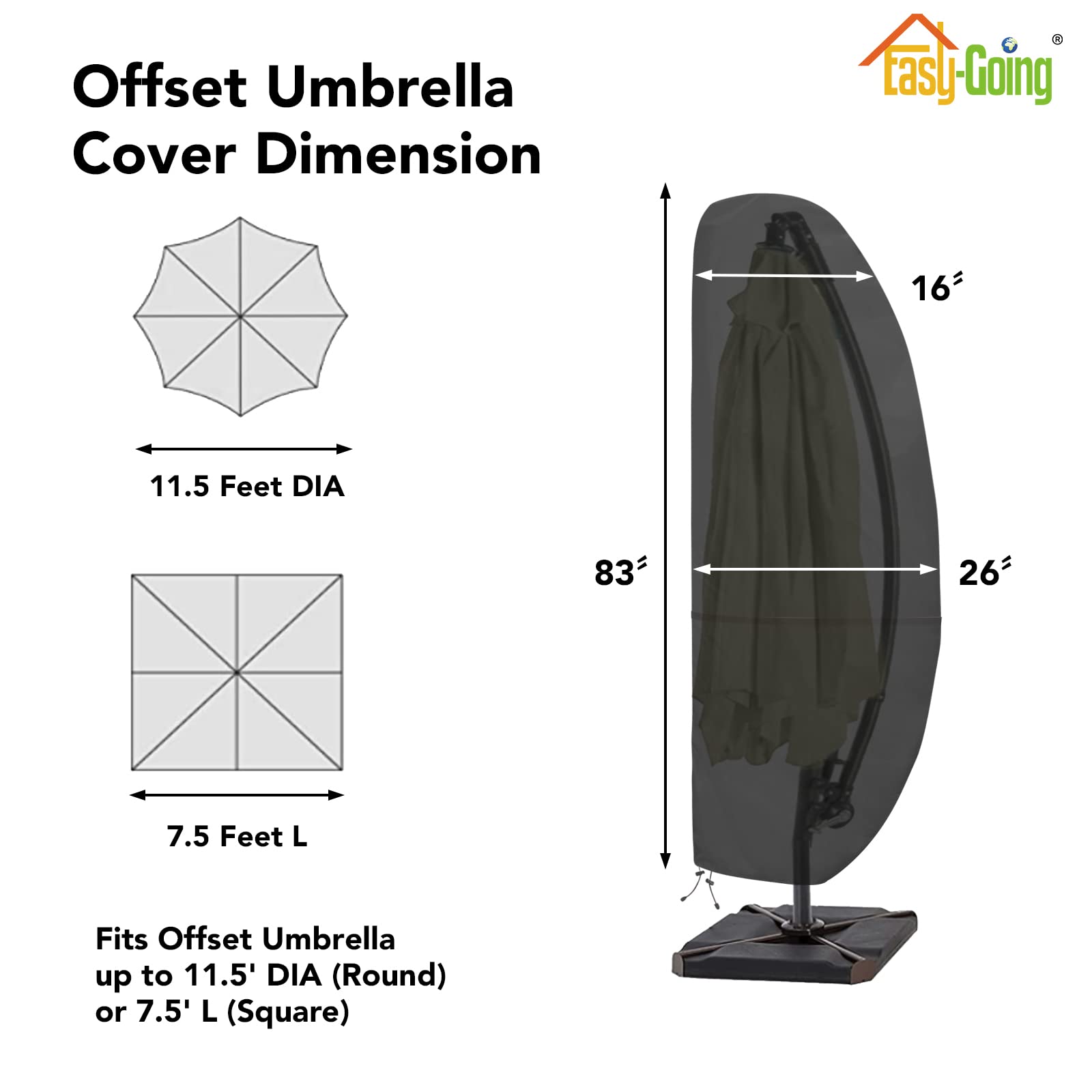 Easy-Going Patio Umbrella Cover Outdoor Offset Umbrella Cover Waterproof Cantilever Parasol Cover for 7.5ft to 11.5ft Banana Frame Umbrella, Black