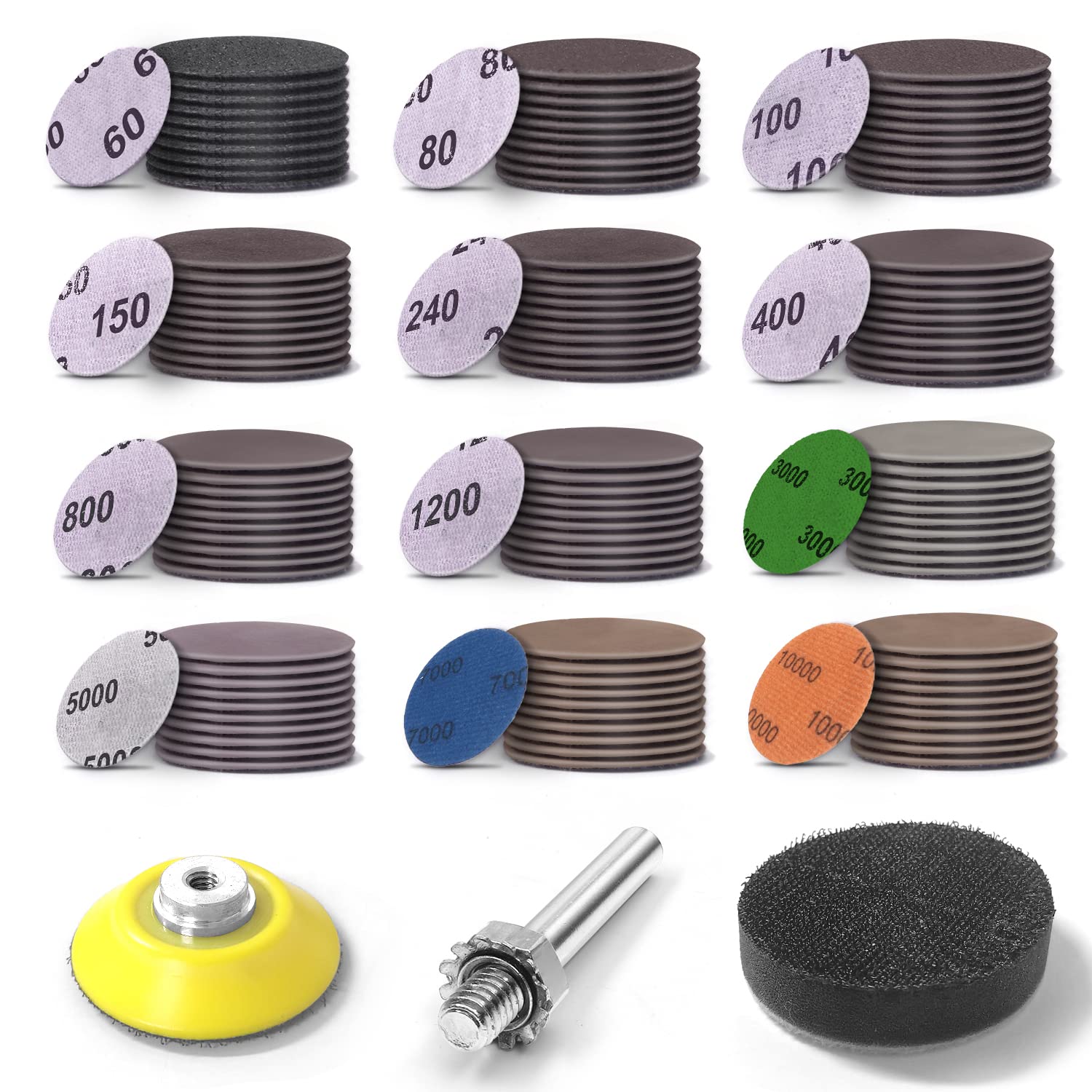 2 Inch Sanding Disc 120 Pcs Wet Dry Hook and Loop Sandpaper Pads Kit 60-10000 Grits 1/4 in Backer Plate and Foam Buffering Pad for Wood, Metal, Car, Drywall, Drill Grinder Rotary Tools Attachment