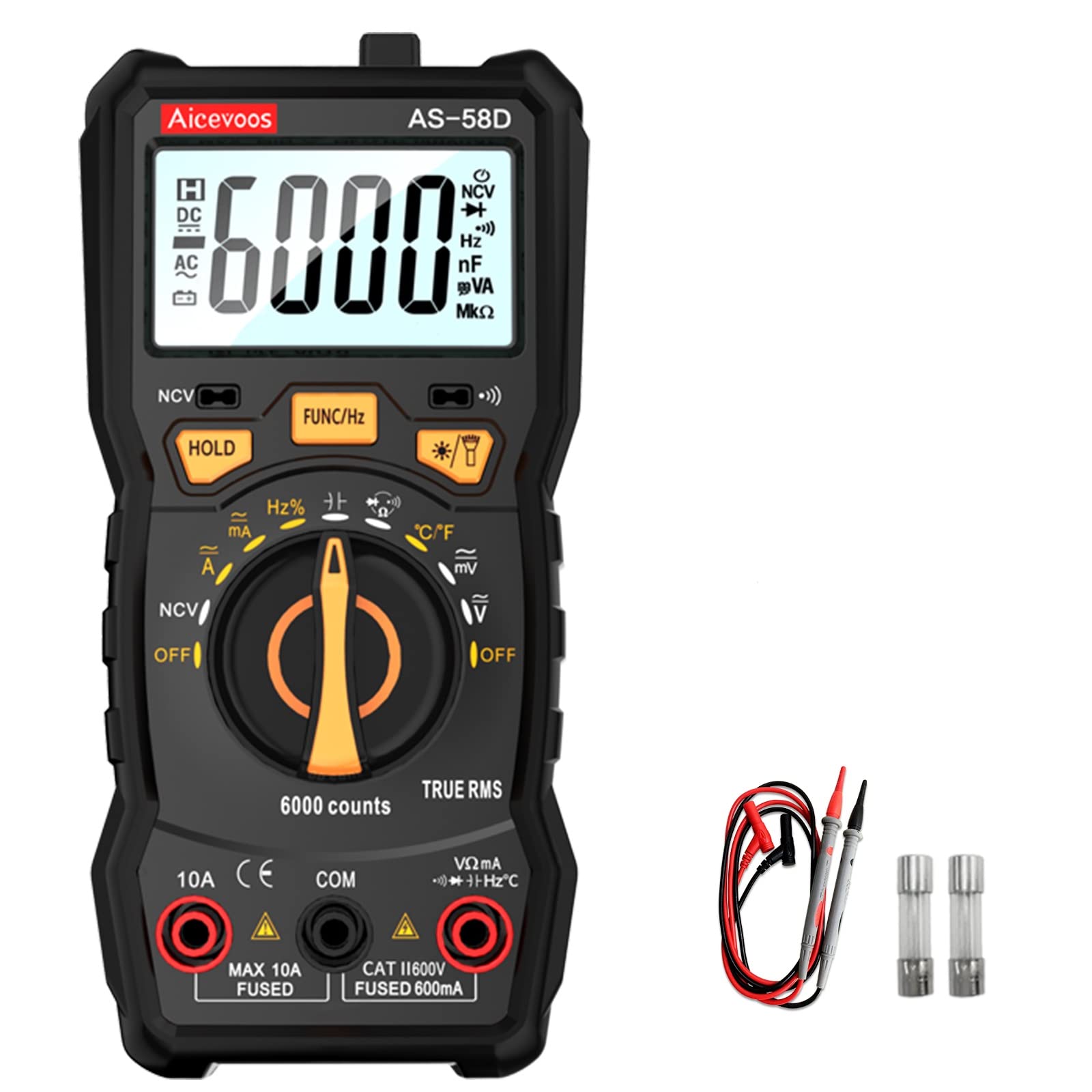 Aicevoos 58A Multimeter 2000 Counts Digital Multimeter, DC AC Voltmeter and Ohm Volt Amp Tester, Measures Voltage, Current, Resistance; Tests Live Wire, Continuity (DC Current)