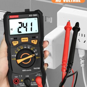 Aicevoos 58A Multimeter 2000 Counts Digital Multimeter, DC AC Voltmeter and Ohm Volt Amp Tester, Measures Voltage, Current, Resistance; Tests Live Wire, Continuity (DC Current)