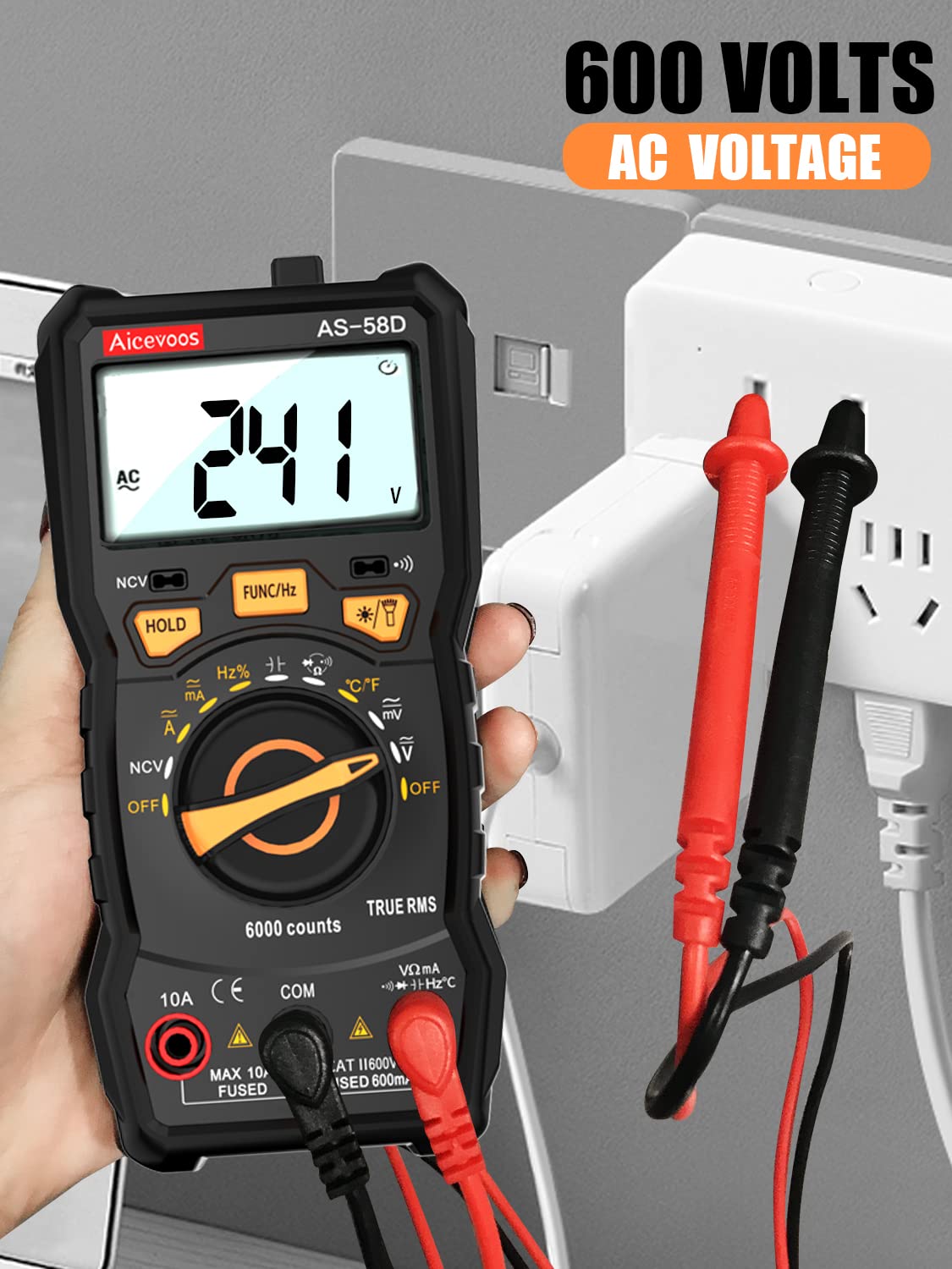 Aicevoos 58A Multimeter 2000 Counts Digital Multimeter, DC AC Voltmeter and Ohm Volt Amp Tester, Measures Voltage, Current, Resistance; Tests Live Wire, Continuity (DC Current)