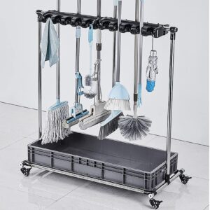 Floor-Standing Broom And Mop Rack Can Be Moved,Adjustable Height, Mop Rack, Tool Rack, Cleaning Tool Cart, Stainless Steel Storage Rack Durable Storage,for Garages, Hotels, Schools, Restaurants, Etc