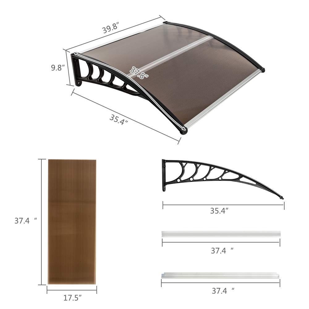 Outvita Window Awnings for Doors Canopy 40''x40'', Polycarbonate Cover Front Door Outdoor Patio Awning Canopy UV Rain Snow Sunlight Protection Hollow Sheet, Brown Board & Black Bracket, AL-YP-0338