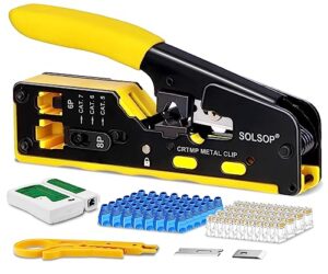 solsop network/phone cable tester rj45 crimp tool pass through modular cat6 crimping tool kit, 50pcs cat6 pass through connectors, 50pcs rj45 boots, mini wire stripper, wire cutter plier