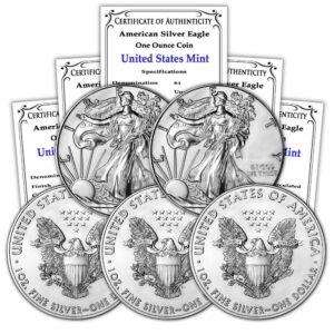 1986 - (random year) lot of (5) 1 oz american silver eagle coins brilliant uncirculated (type 1) with certificates of authenticity $1 seller bu