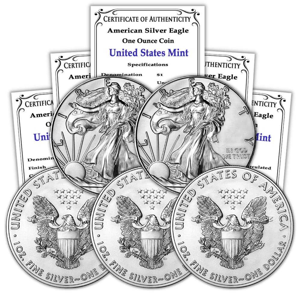 1986 - (Random Year) Lot of (5) 1 oz American Silver Eagle Coins Brilliant Uncirculated (Type 1) with Certificates of Authenticity $1 Seller BU