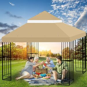 Rutile 10' X 10' Gazebo Canopy Replacement, 2 Tier Patio Cover Canopy Top- Dual Tier Gazebos Pavilion Cover-Khaki