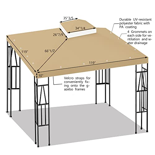 Rutile 10' X 10' Gazebo Canopy Replacement, 2 Tier Patio Cover Canopy Top- Dual Tier Gazebos Pavilion Cover-Khaki