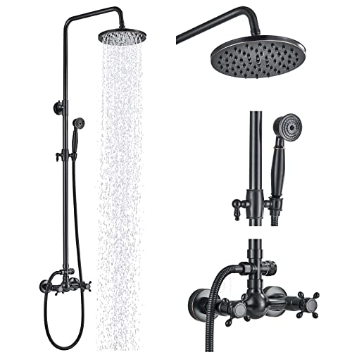 MOSSON Rain Shower System Oil Rubbed Bronze Outdoor Shower Faucet Set with 8 Inch Rainfall Shower Head Handheld Spray 2 Cross Handles Wall Mounted Bathroom Shower Fixtures Solid Brass