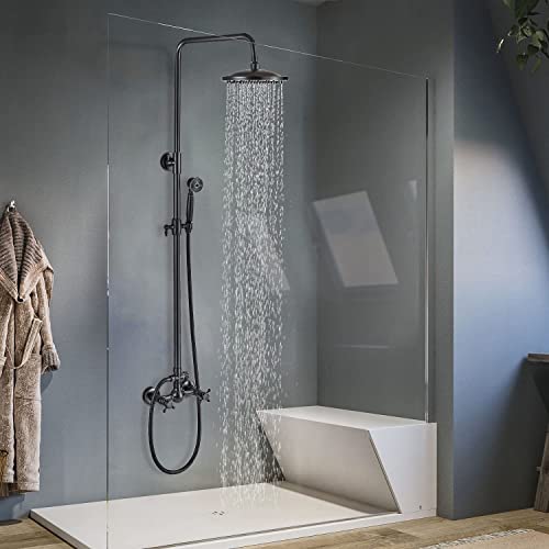 MOSSON Rain Shower System Oil Rubbed Bronze Outdoor Shower Faucet Set with 8 Inch Rainfall Shower Head Handheld Spray 2 Cross Handles Wall Mounted Bathroom Shower Fixtures Solid Brass