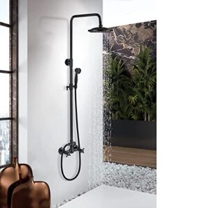 MOSSON Rain Shower System Oil Rubbed Bronze Outdoor Shower Faucet Set with 8 Inch Rainfall Shower Head Handheld Spray 2 Cross Handles Wall Mounted Bathroom Shower Fixtures Solid Brass