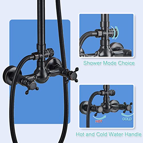 MOSSON Rain Shower System Oil Rubbed Bronze Outdoor Shower Faucet Set with 8 Inch Rainfall Shower Head Handheld Spray 2 Cross Handles Wall Mounted Bathroom Shower Fixtures Solid Brass