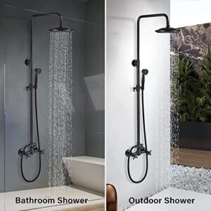 MOSSON Rain Shower System Oil Rubbed Bronze Outdoor Shower Faucet Set with 8 Inch Rainfall Shower Head Handheld Spray 2 Cross Handles Wall Mounted Bathroom Shower Fixtures Solid Brass