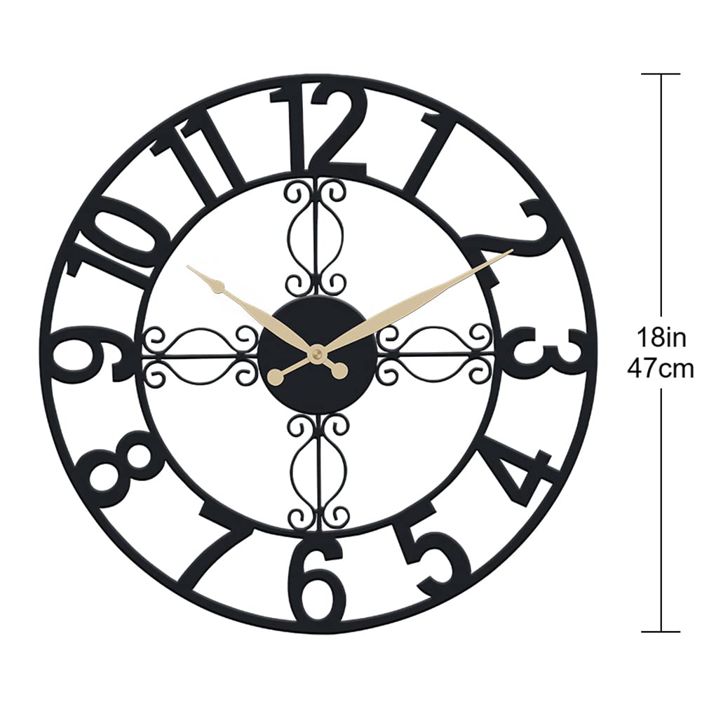 UMEXUS Outdoor Indoor Retro Wall Clock Waterproof, 18Inch Iron Metal Cut Out Large 3D Decorative Silent Non Ticking Wall Clock for Living Room, Patio, Garden, Office, Home Decor (Black)