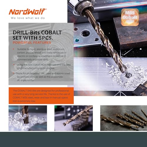 NordWolf 5-Piece M35 Cobalt Drill Bit Set for Stainless Steel, Hard Metals & Cast Iron, Jobber Length with 1/4" Hex Shank, SAE Sizes 3/16"-1/4"-5/16"-3/8"-1/2"