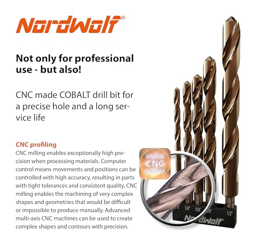 NordWolf 5-Piece M35 Cobalt Drill Bit Set for Stainless Steel, Hard Metals & Cast Iron, Jobber Length with 1/4" Hex Shank, SAE Sizes 3/16"-1/4"-5/16"-3/8"-1/2"