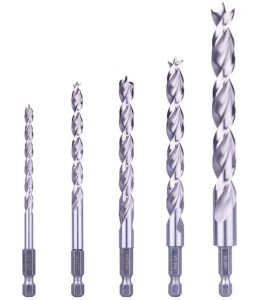 nordwolf 5-piece hss brad point wood drill bit set with 1/4" hex shank for carpenter woodworking, sae sizes 3/16"-1/4"-5/16"-3/8"-1/2"