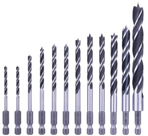 nordwolf 12-piece brad point wood drill bit set for carpenter woodworking, double flutes design with 1/4" hex shank, sae sizes 1/8" to 1/2"