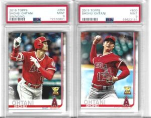 mint shohei ohtani 2019 topps all star rookie cup trophy 2 card lot pitching and batting graded psa mint 9 mlb superstar 2 time mvp player