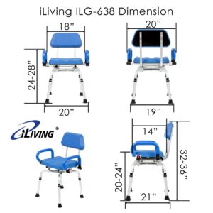 iLIVING ILG-638 Swivel Pivoting Shower Chair for Bathtub and Shower with Padded Seat, Back and Arms, and Adjustable Height , Blue