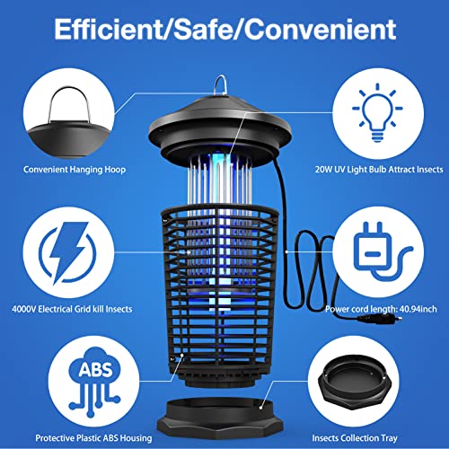 Bug Zapper Outdoor, FUZYKON Electric Mosquito Zapper, 4000V High Power Fly Zapper Indoor, Mosquito Trap with 3.4FT Cable,Waterproof Mosquito Killer for Home Camping