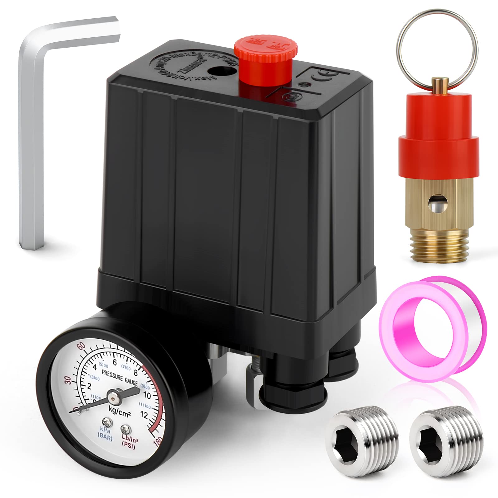 MEANLIN MEASURE Air Compressor Pressure Switch Control Valve 90-120 PSI 110V-240V 4-way Replacement Parts With 0-180 Pressure gauge and Safety Pressure Relief Valve