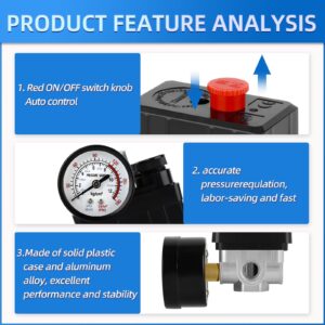 MEANLIN MEASURE Air Compressor Pressure Switch Control Valve 90-120 PSI 110V-240V 4-way Replacement Parts With 0-180 Pressure gauge and Safety Pressure Relief Valve